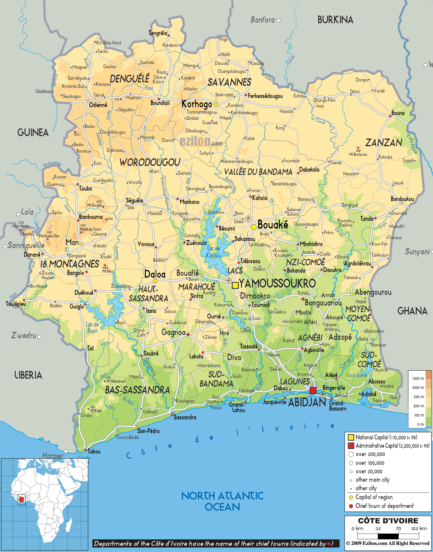 Physical Map Of Ivory Coast Ezilon Maps