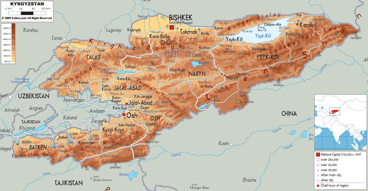 Physical Map Of Kyrgyzstan Ezilon Maps